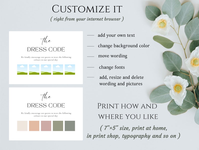 Editable Wedding Dress Code Card Template: Minimalist Color Palette ...