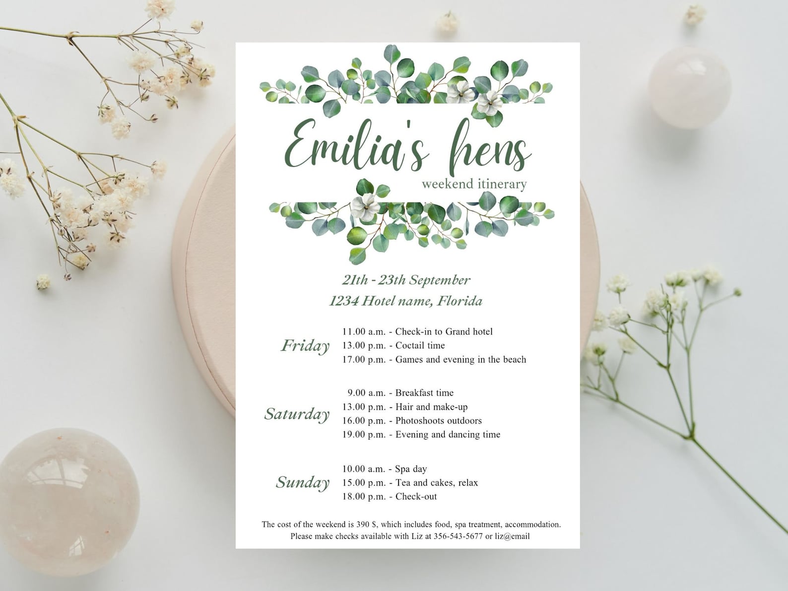 Eucalyptus Hen Weekend Itinerary Template: Minimalist Bachelorette ...