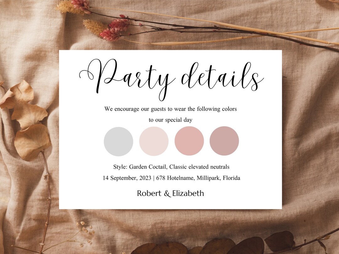 Party Details Card, Dress Code Insert, Party Info Card, Editable Canva ...