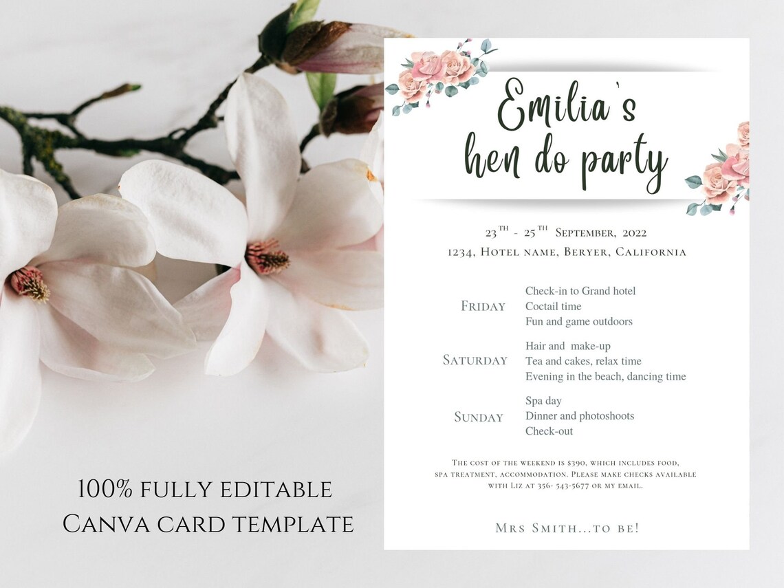 Hen Do Itinerary Template, Bachelorette Schedule, Bride to Be Printable ...