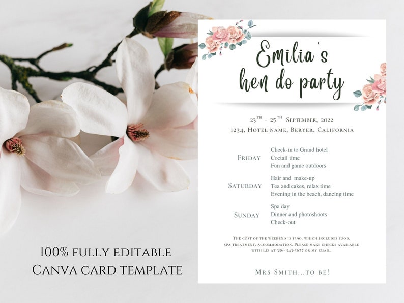 Hen Do Itinerary Template, Bachelorette Schedule, Bride to Be Printable ...