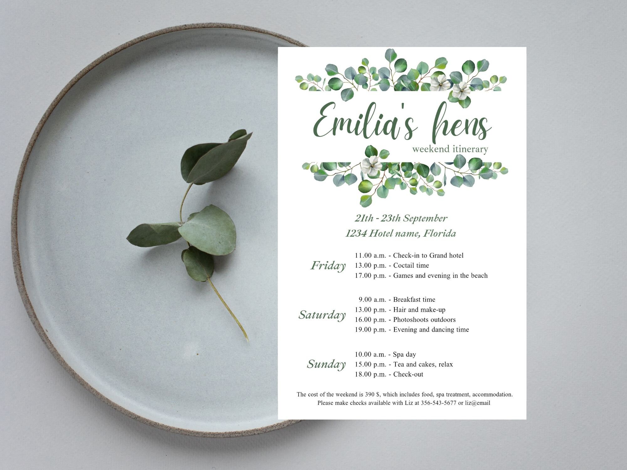Eucalyptus Hen Weekend Itinerary Template: Minimalist Bachelorette ...