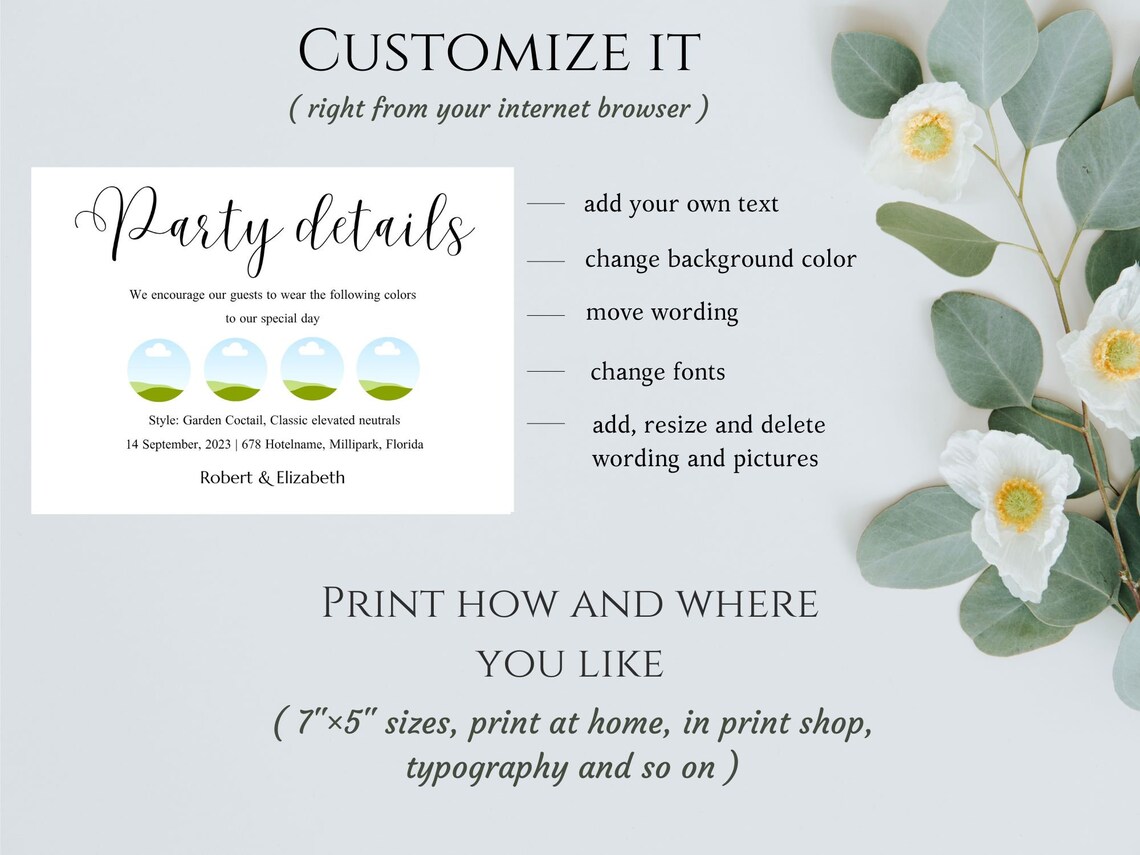 Party Details Card, Dress Code Insert, Party Info Card, Editable Canva ...