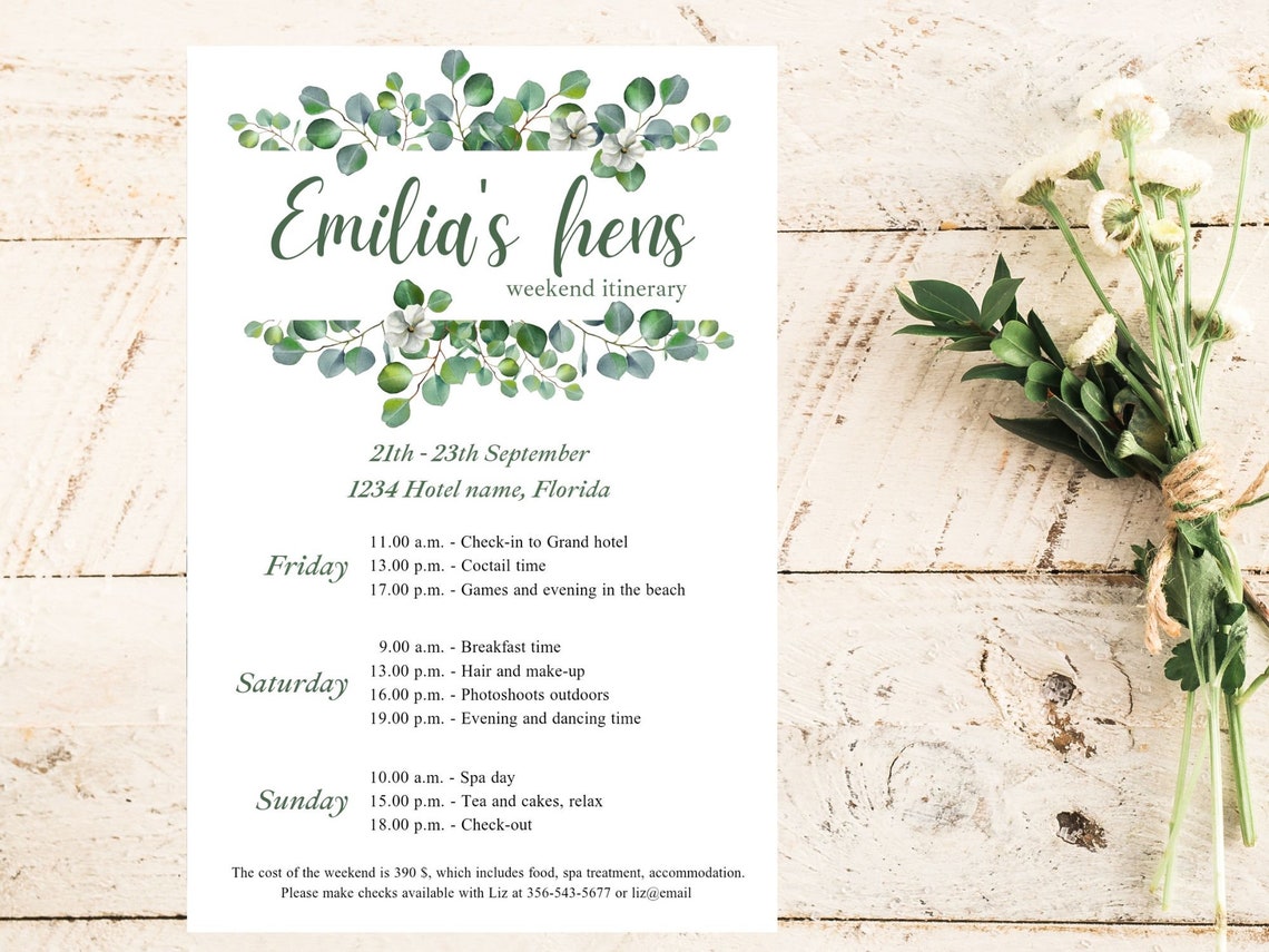 Eucalyptus Hen Weekend Itinerary Template: Minimalist Bachelorette ...