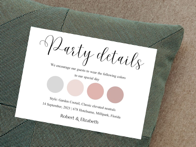 Party Details Card, Dress Code Insert, Party Info Card, Editable Canva ...