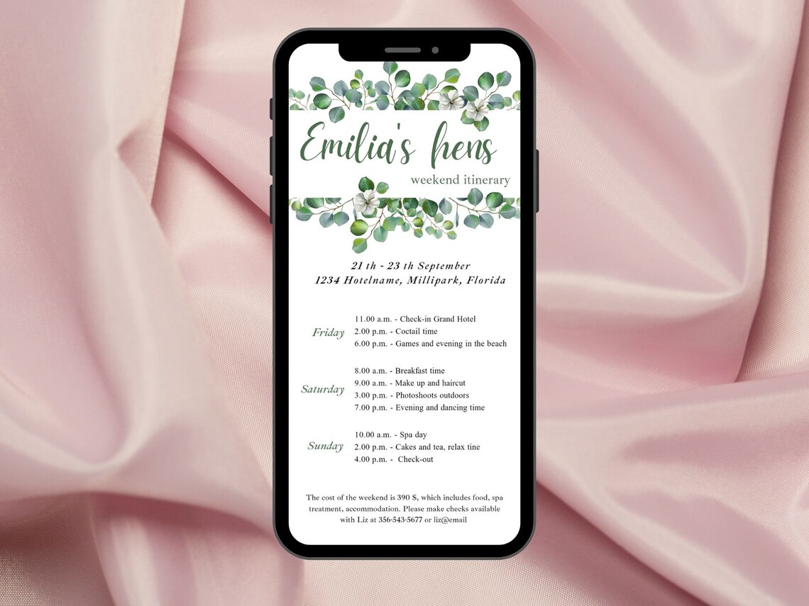 Digital Hen Do Itinerary, Eucalyptus Whatsapp Hens Invitation, Bridal ...