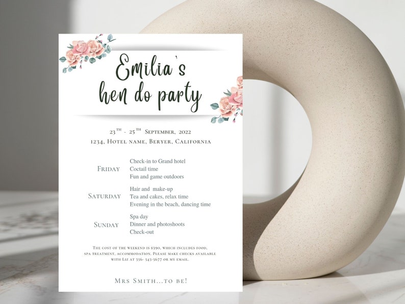 Hen Do Itinerary Template, Bachelorette Schedule, Bride to Be Printable ...