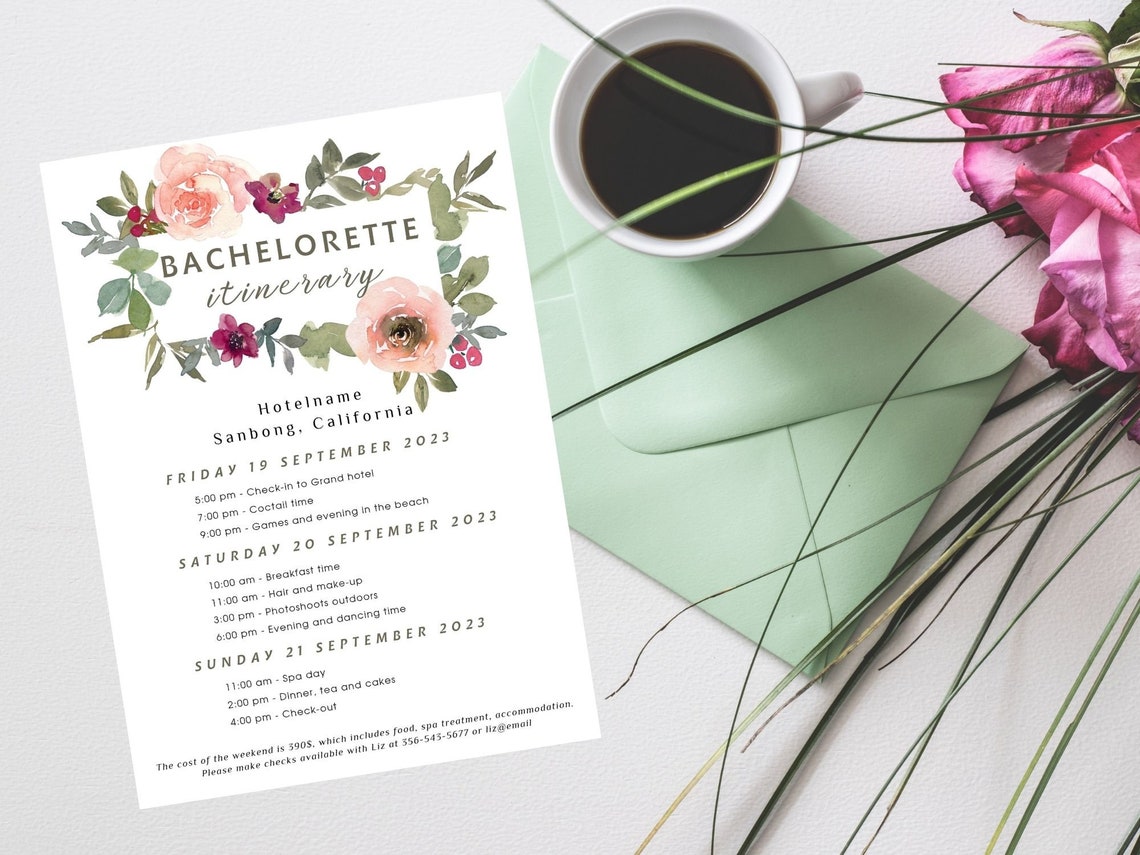 Hen Party Itinerary, Watercolor Floral Bachelorette Itinerary, Hen Do ...