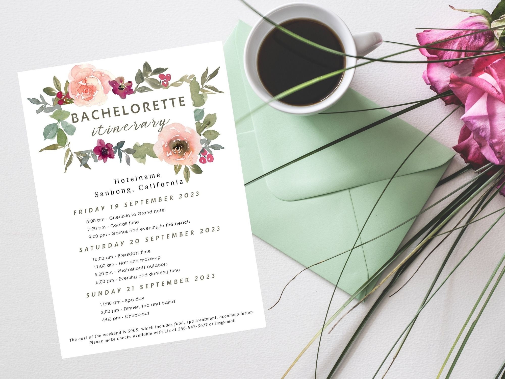 Hen Party Itinerary, Watercolor Floral Bachelorette Itinerary, Hen Do ...