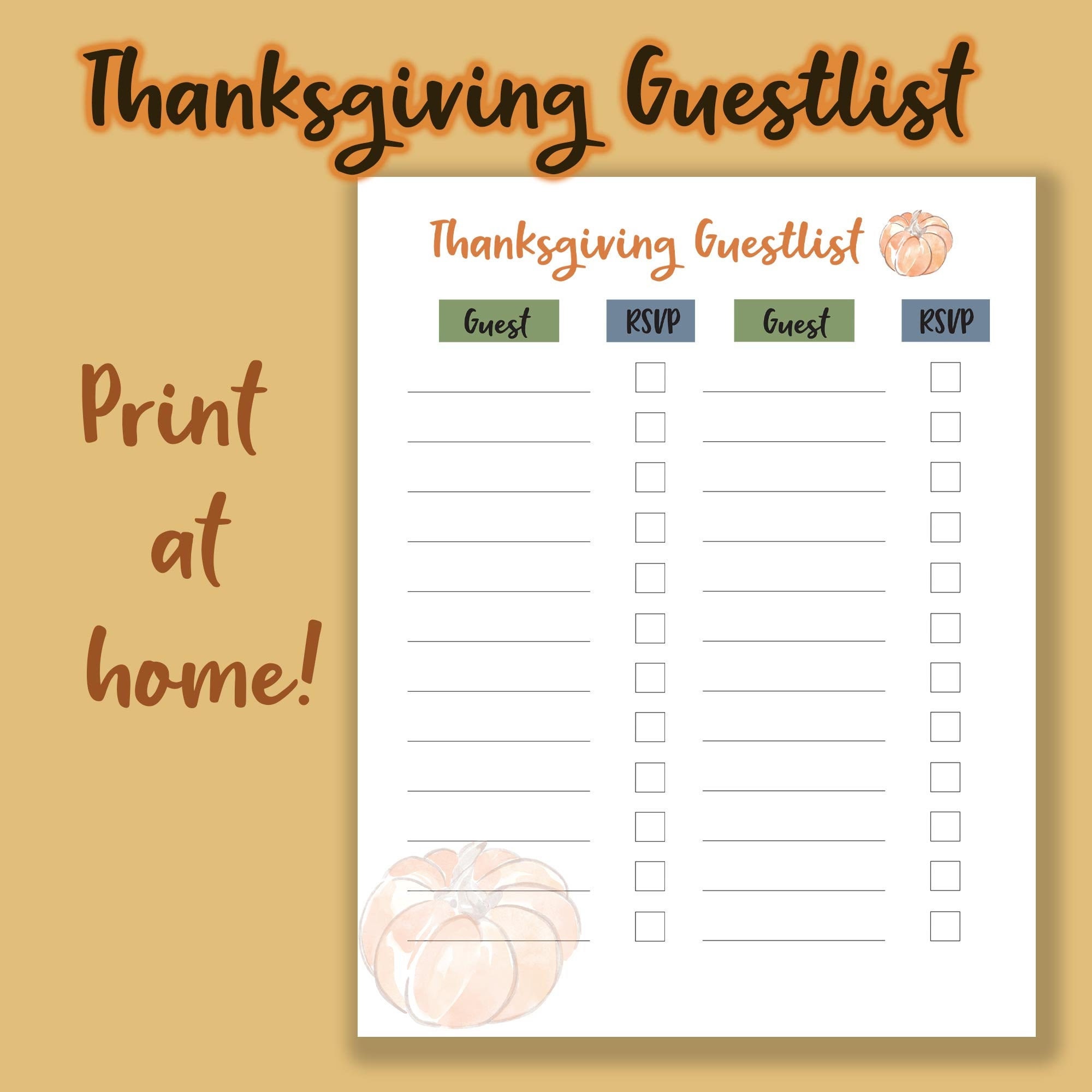 Thanksgiving Guest List, Digital Download, Thanksgiving Digital ...