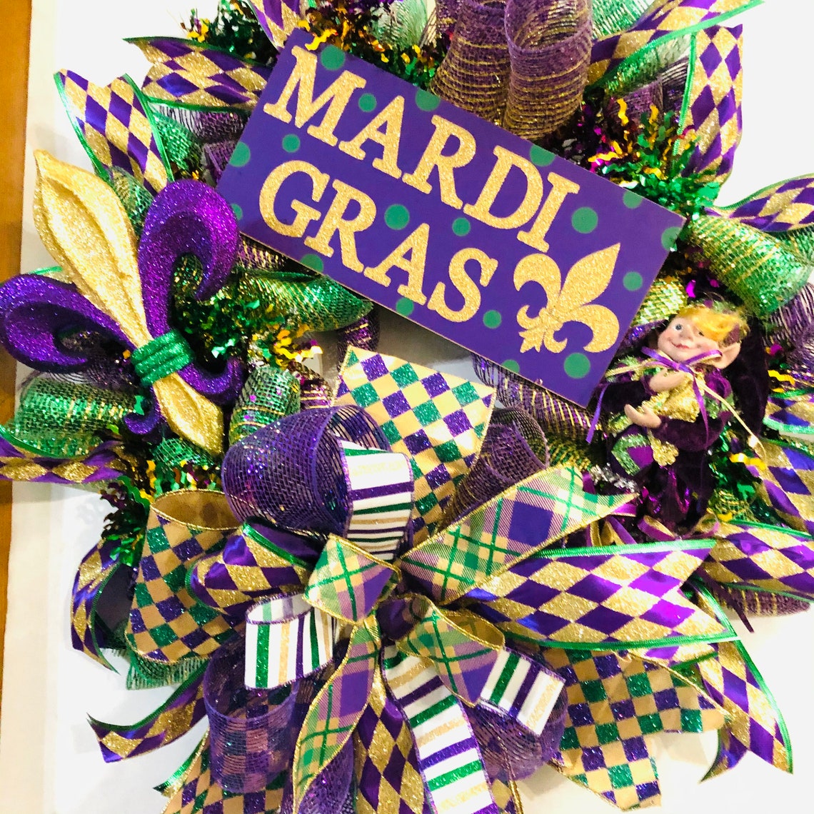 Mardi Gras front door wreath jester elf Fat Tuesday wall | Etsy