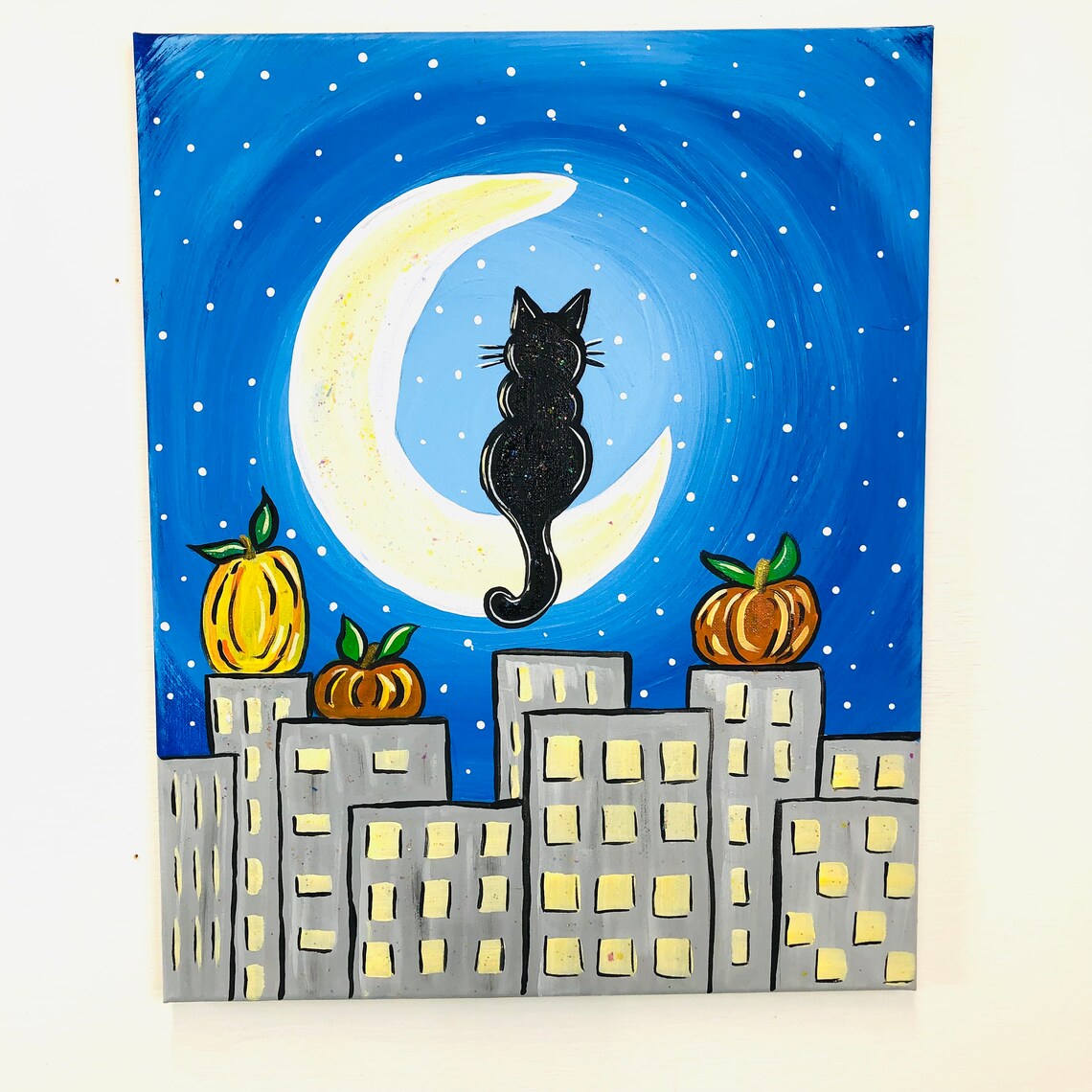 Fall Halloween Cat Acrylic Painting Halloween Cat Over the - Etsy