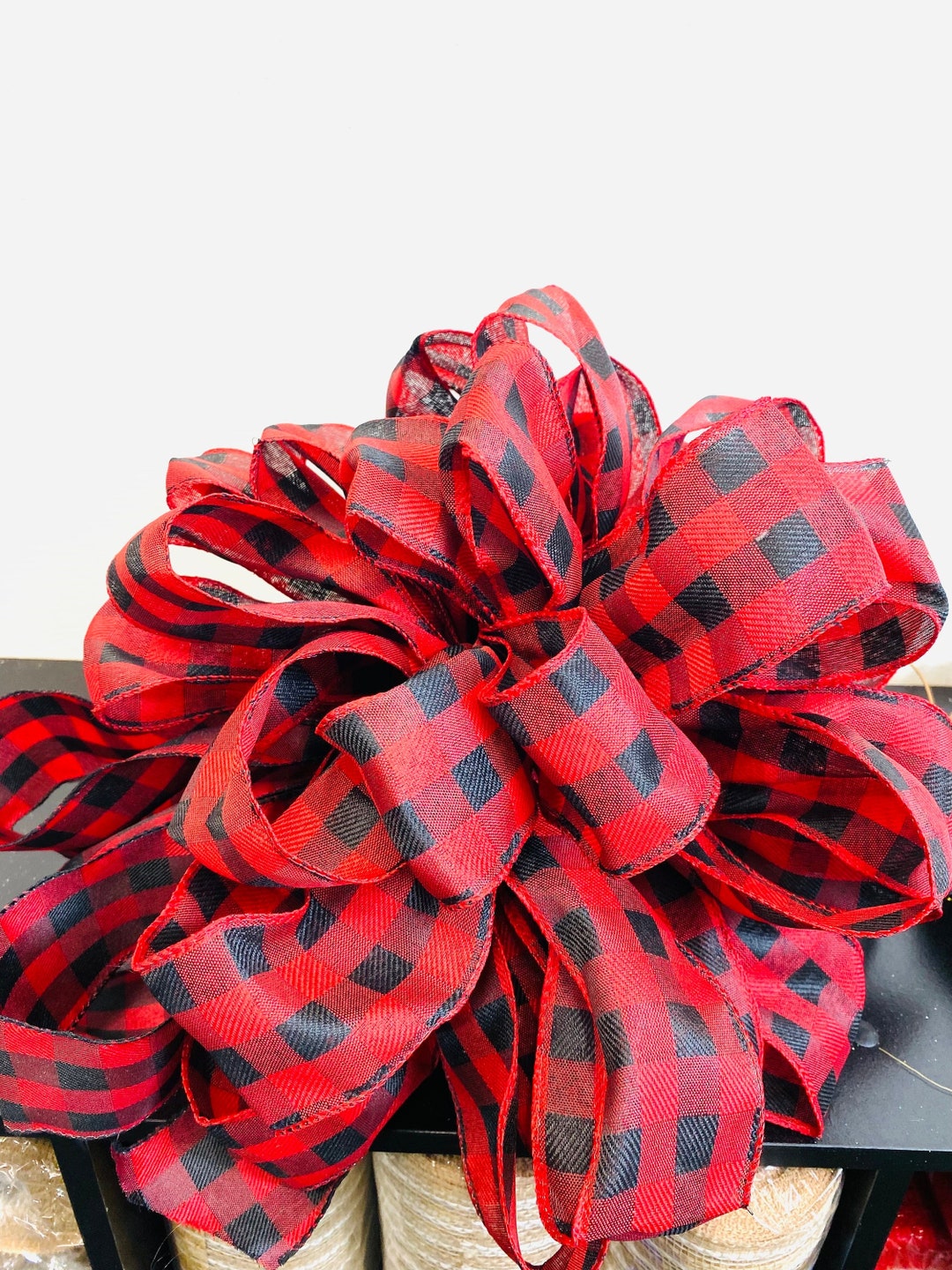 Buffalo Plaid Christmas Tree Topper Bow, Red and Black Plaid Tree ...