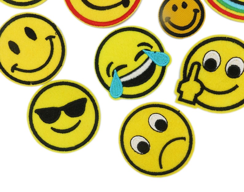 Yellow Emoji Patch, Fun Smiley Face Embroidered Iron on Sew on Patch Applique, Happy Face ...