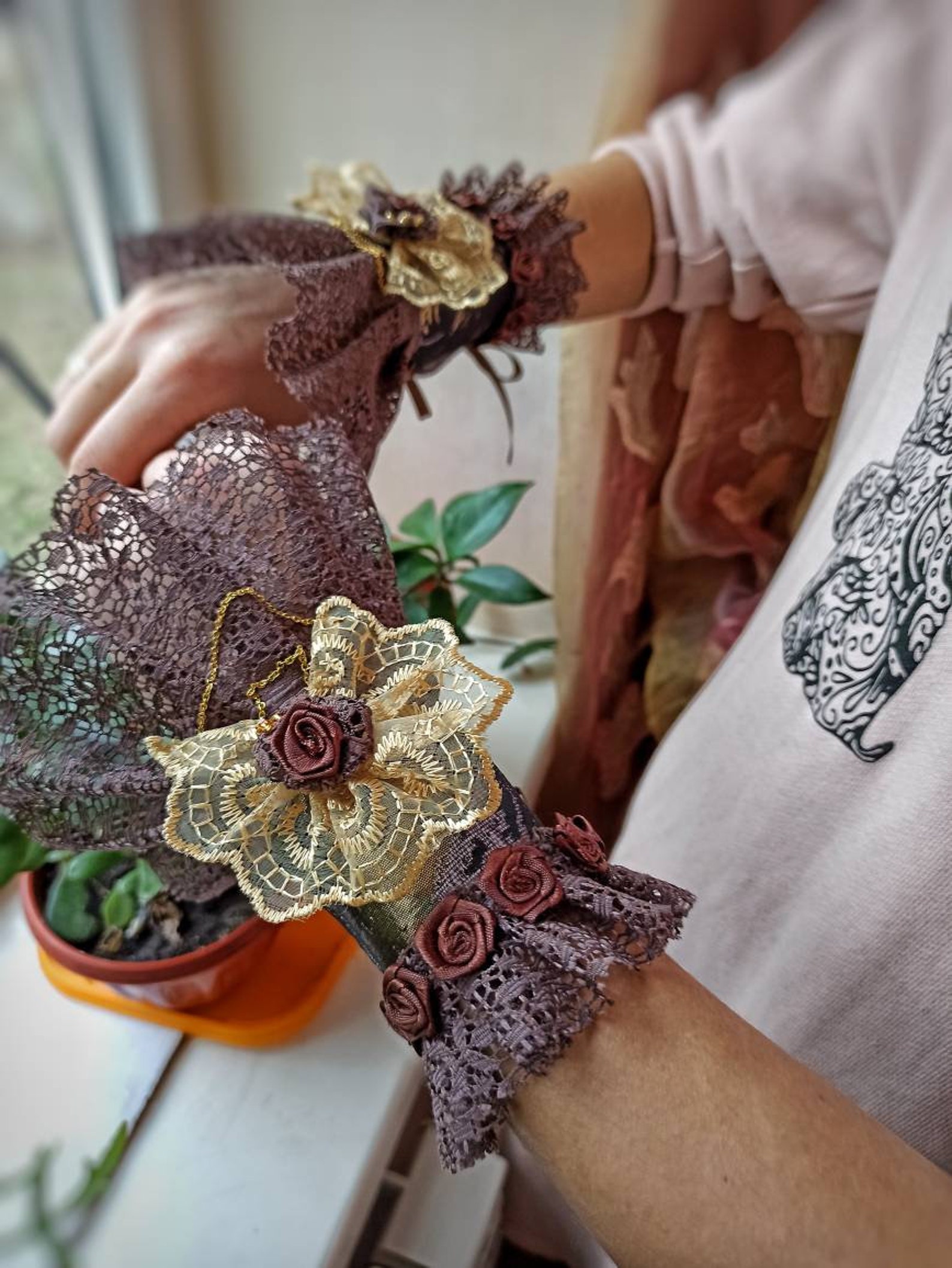 Pair of Beautiful Cuffs, Steampunk Wrist Cuffs, Vintage Cuffs, Lace ...