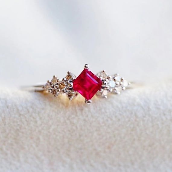 Princess Cut Ruby Ring 14K Gold Ruby Diamond Accent Engagement | Etsy
