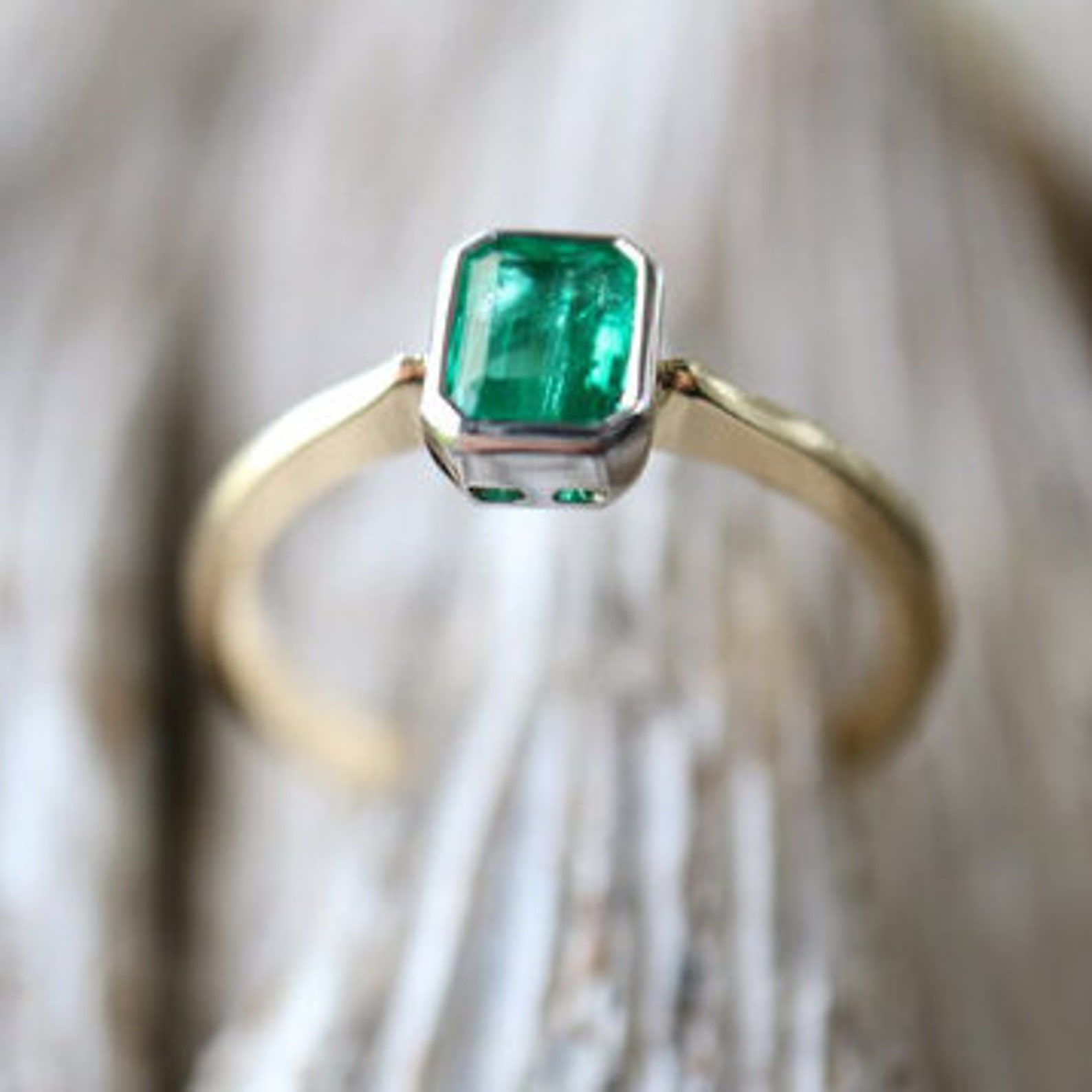 7x5mm Natural Emerald Engagement Ring 14K Two-tone Gold Bezel Set ...