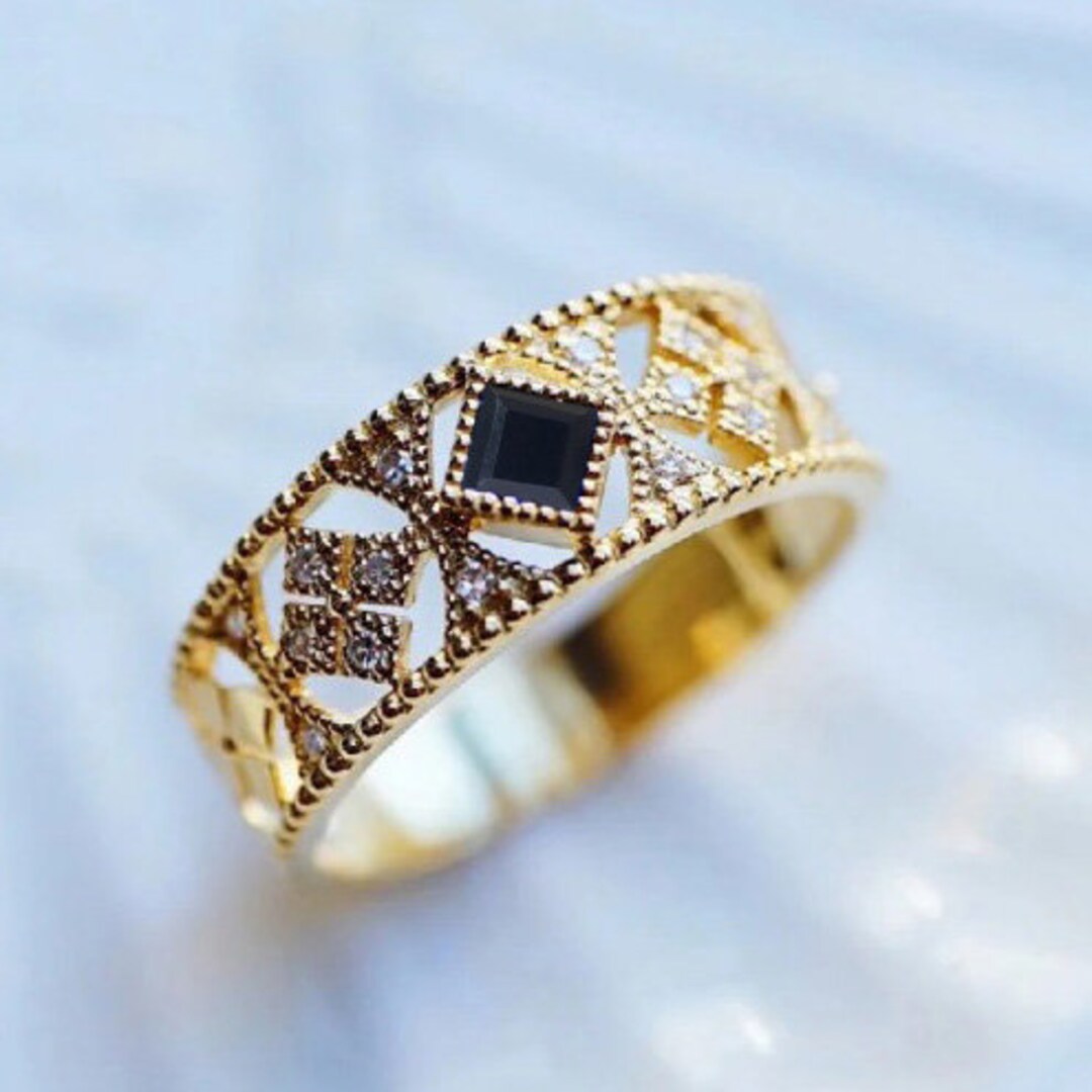 Black Spinel Edwadian Wedding Band 14K Princess Cut Spinal Diamond ...