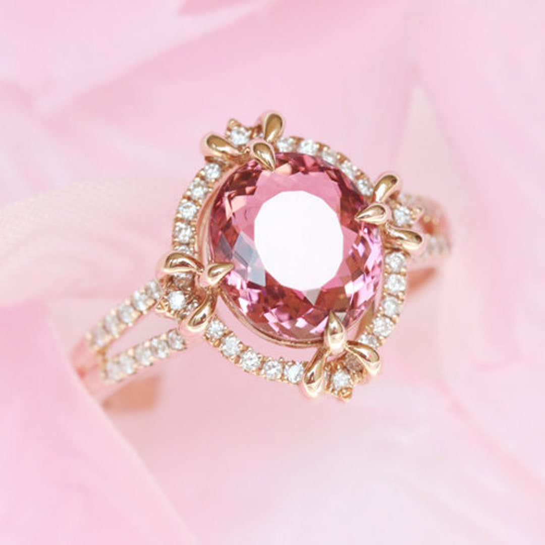 Pink Tourmaline Bridal Wedding Ring 14K Women Dainty Pink Engagement ...