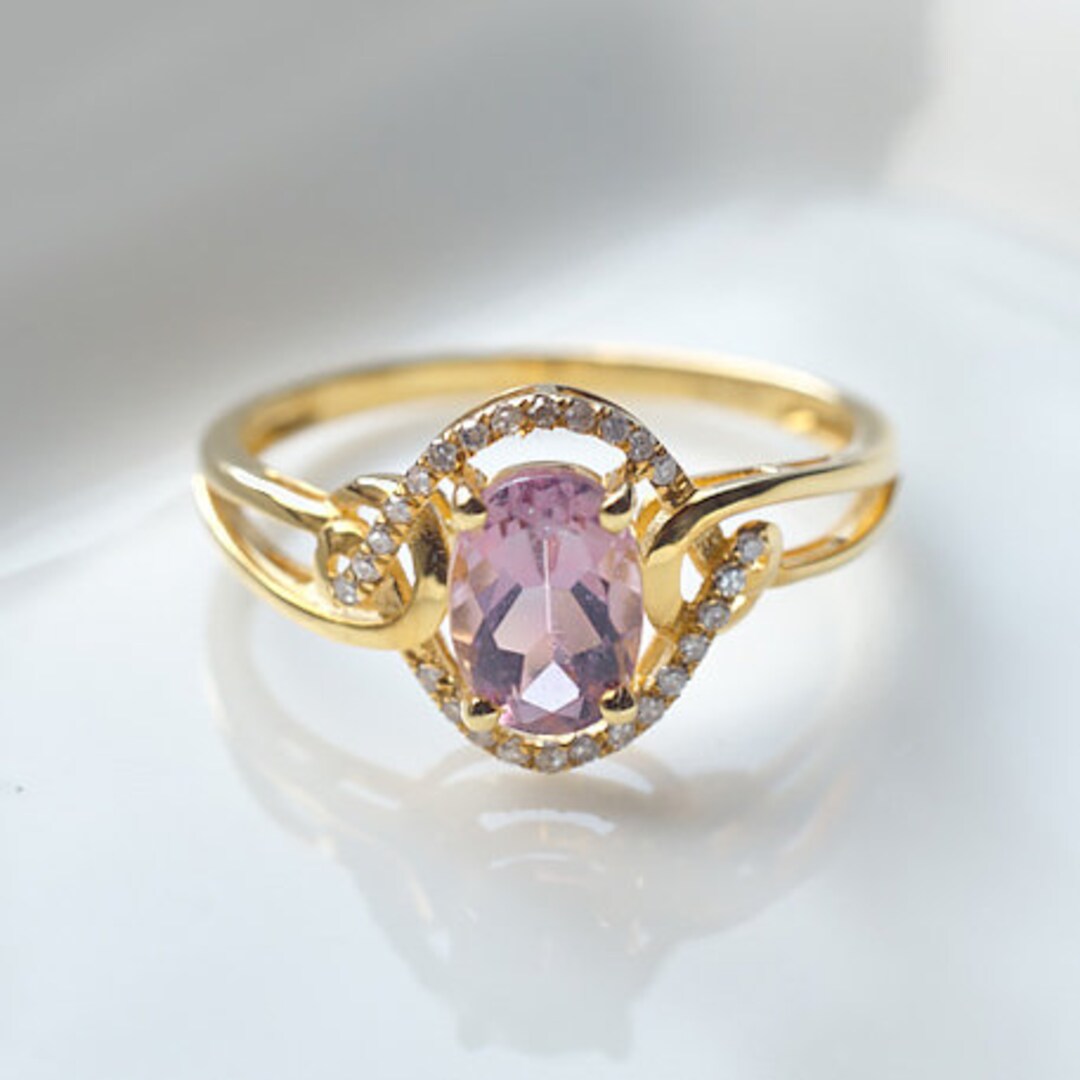 Pink Kunzite Engagement Ring 14K Gold Kunzite, Diamond Halo Wedding ...