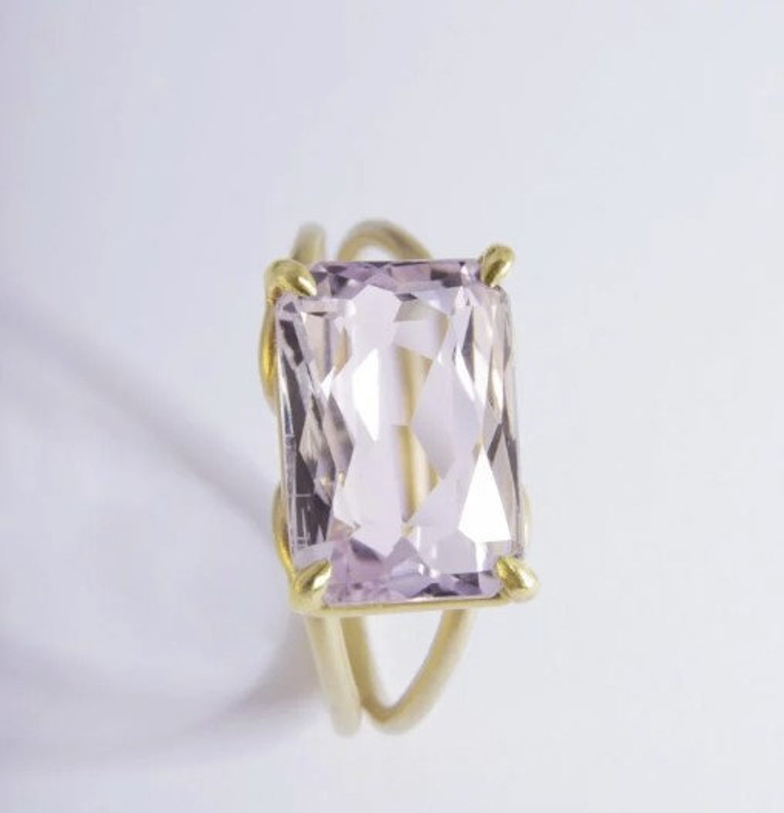 East-west Pink Amethyst Unique Bold Ring 14K Gold Emerald Cut - Etsy