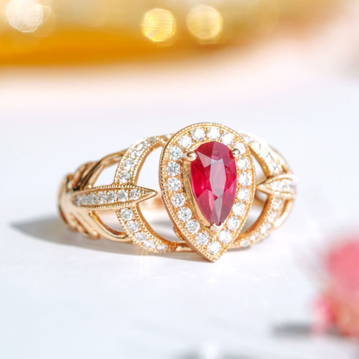 Natural Ruby Engagement Ring Pear shape Ruby Diamond Halo | Etsy