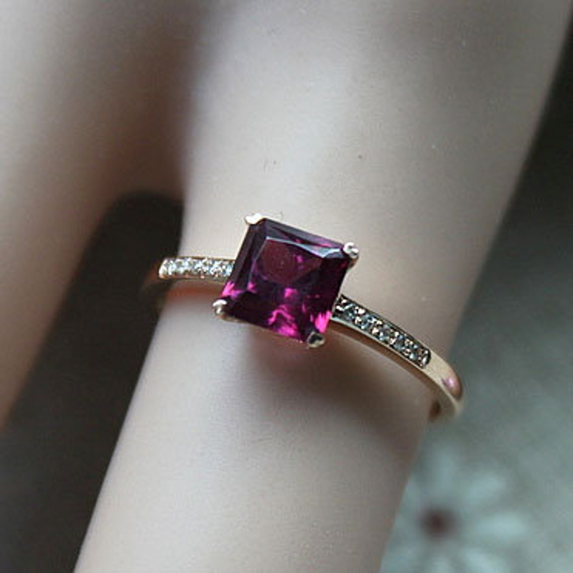 Princess Cut Rhodolite Garnet Engagement 14K Gold Diamond | Etsy