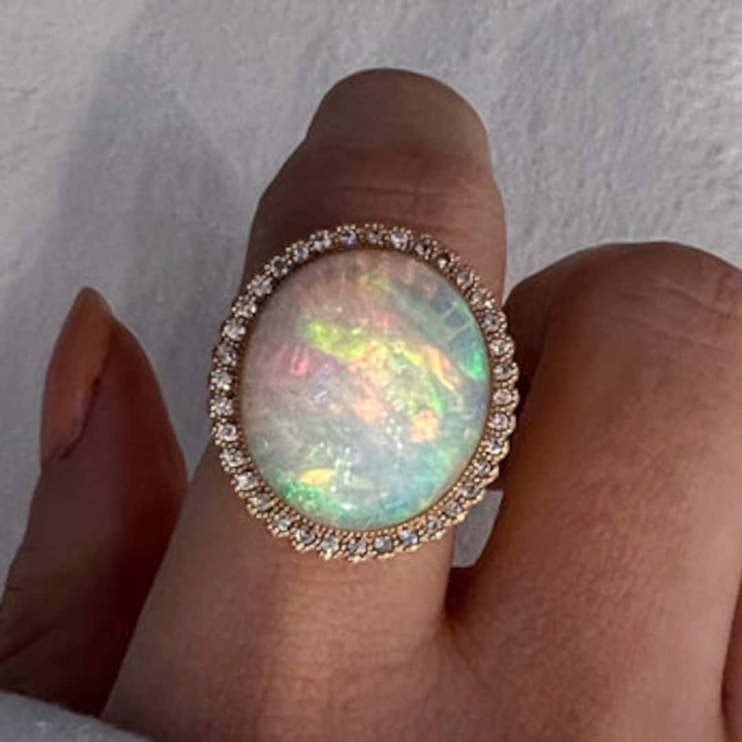 Big- Bold Beautiful Opal Ring 14K Art Decop Opal Anniversary Ring Women Dainy Party Wear Ring ...