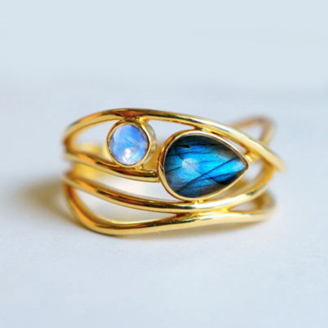 Labradorite, Moonstone Highway Styel Ring Bezel Set Party Wear ...