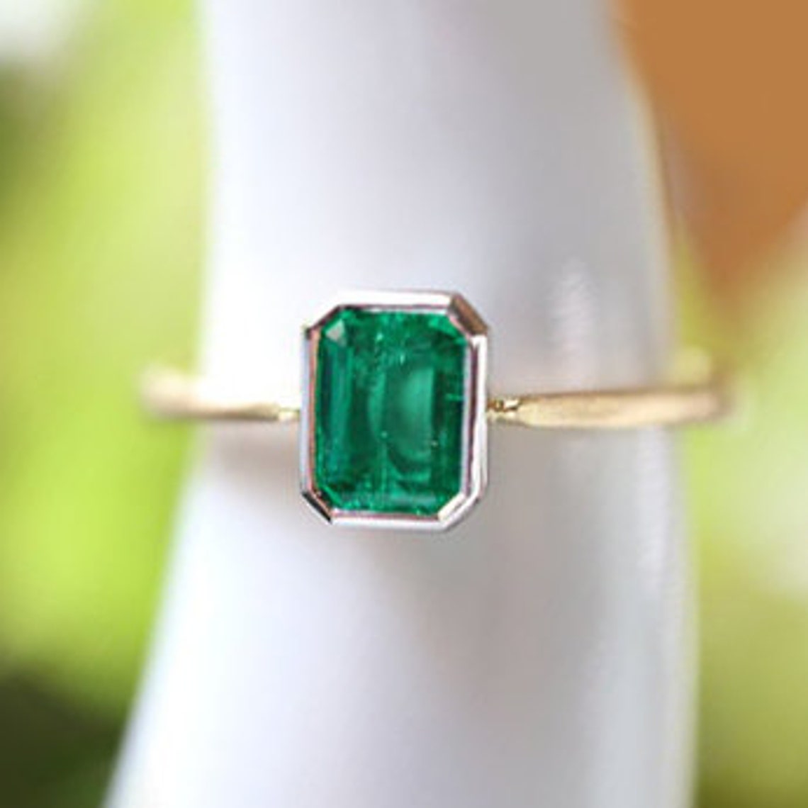 7x5mm Natural Emerald Engagement Ring 14K Two-tone Gold Bezel Set ...