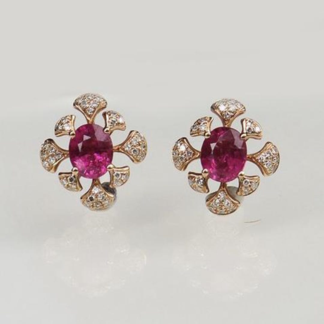 Pink Floral Style Stud Earrings for Her 14K Natural Pink Tourmaline ...