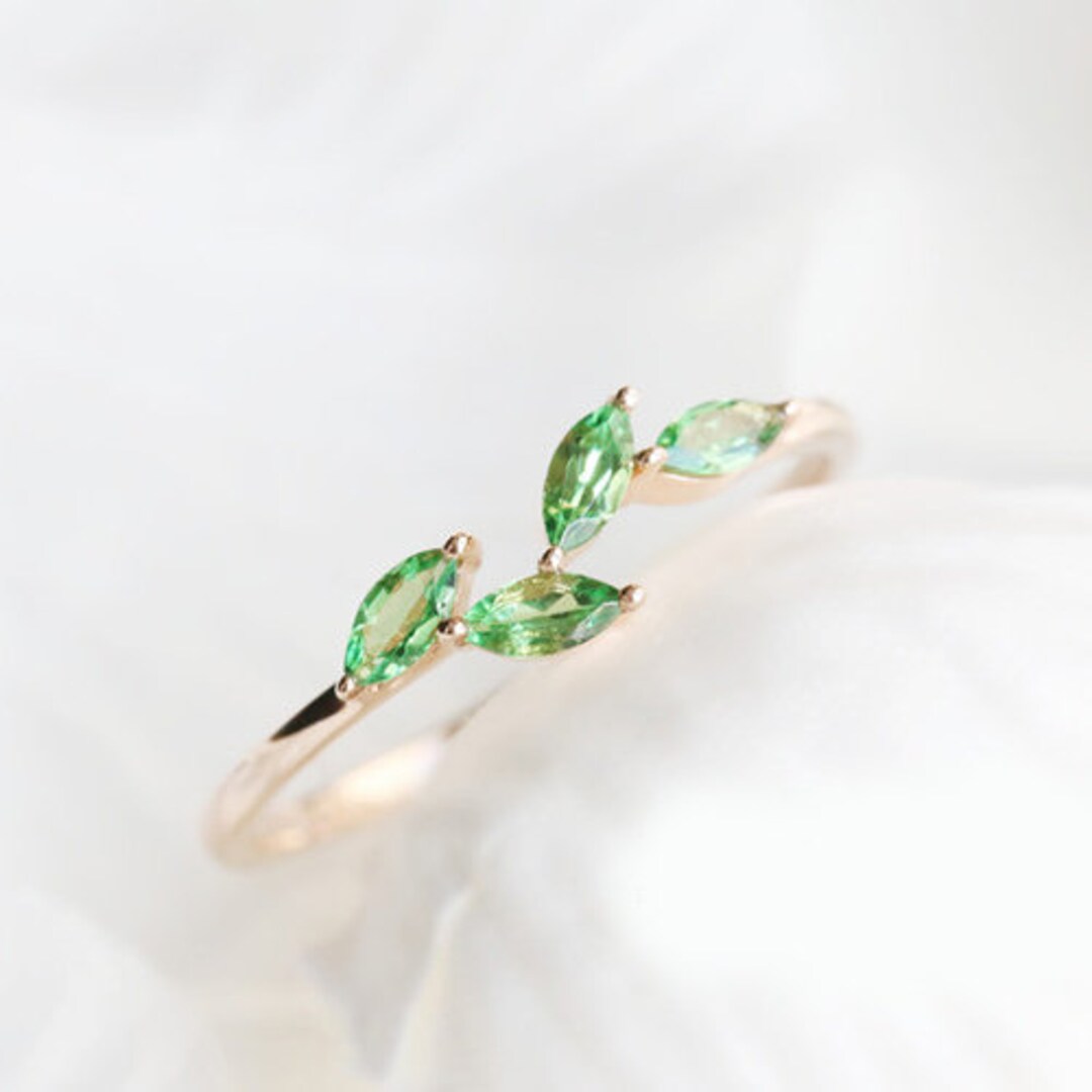 Emerald Leaf Ring Floral Emerald Promise Ring 9K Minimalist Emerald ...