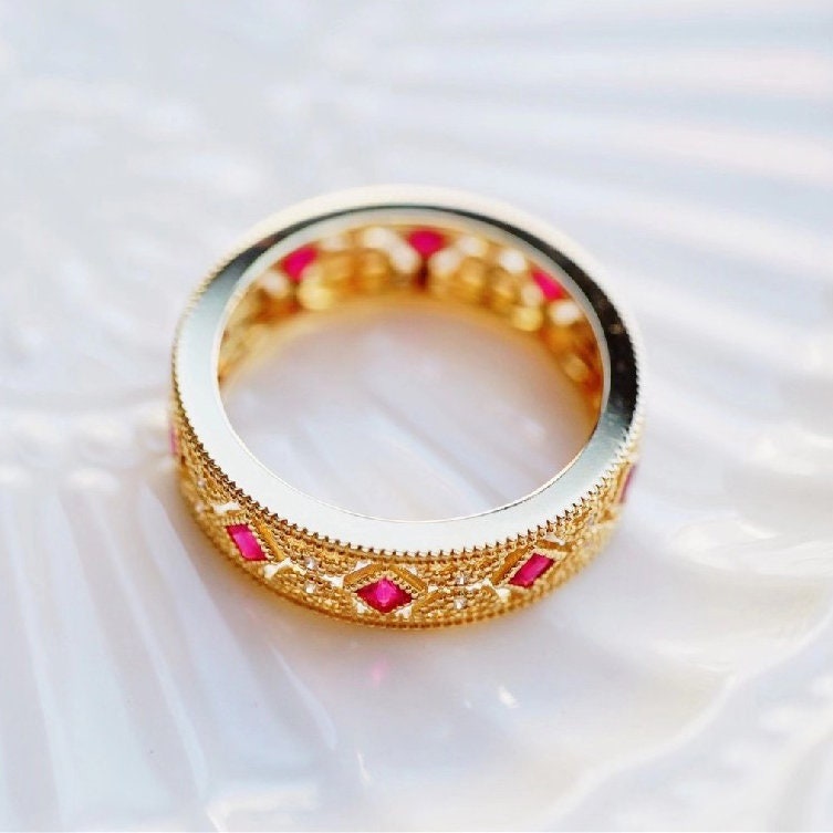 Edwardian Ruby Diamond Eternity Band Princess Cut Ruby Diamond - Etsy
