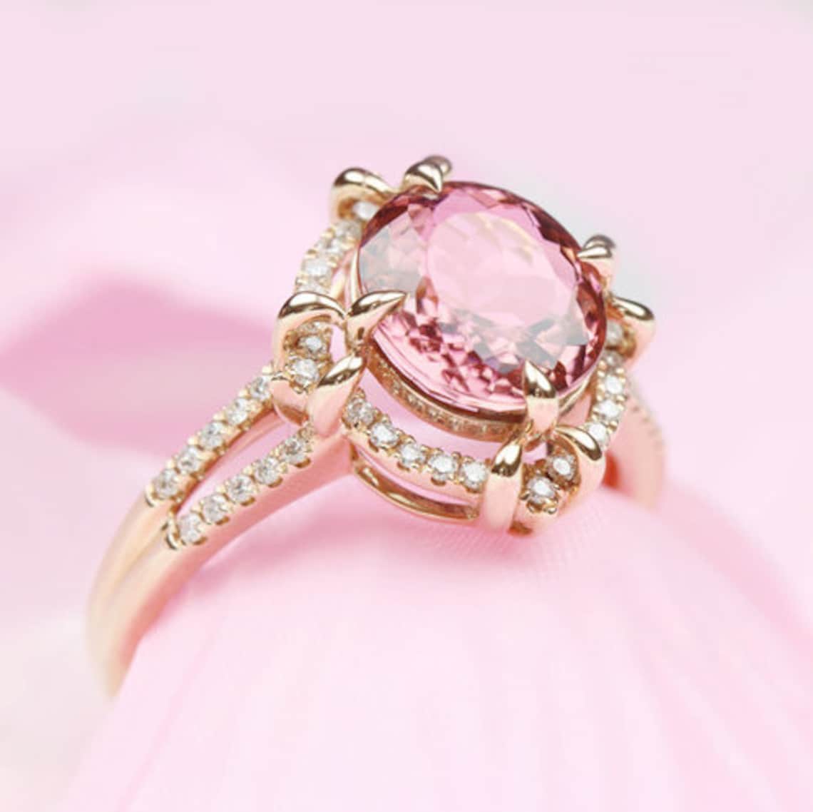 Pink Tourmaline Bridal Wedding Ring 14K Women Dainty Pink | Etsy