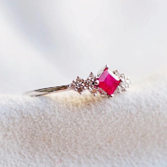 Princess Cut Ruby Ring 14K Gold Ruby Diamond Accent Engagement Ring ...