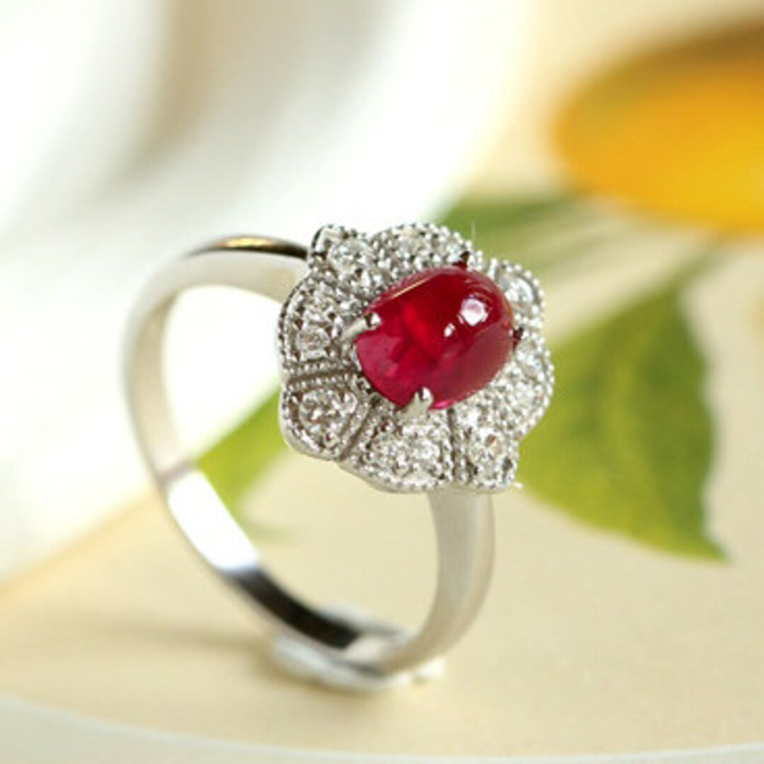 2.00 Carat Natural Ruby Ring Ruby Cabochon Vintage Halo Ring 925 Silver ...