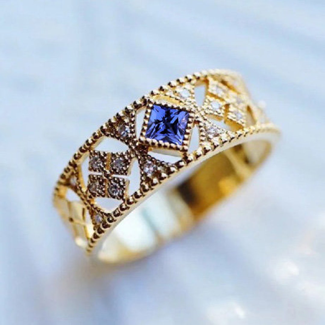 Princess Cut Tanzanite Brdial Wedding Band 14K Vintage Diamond Eternity ...