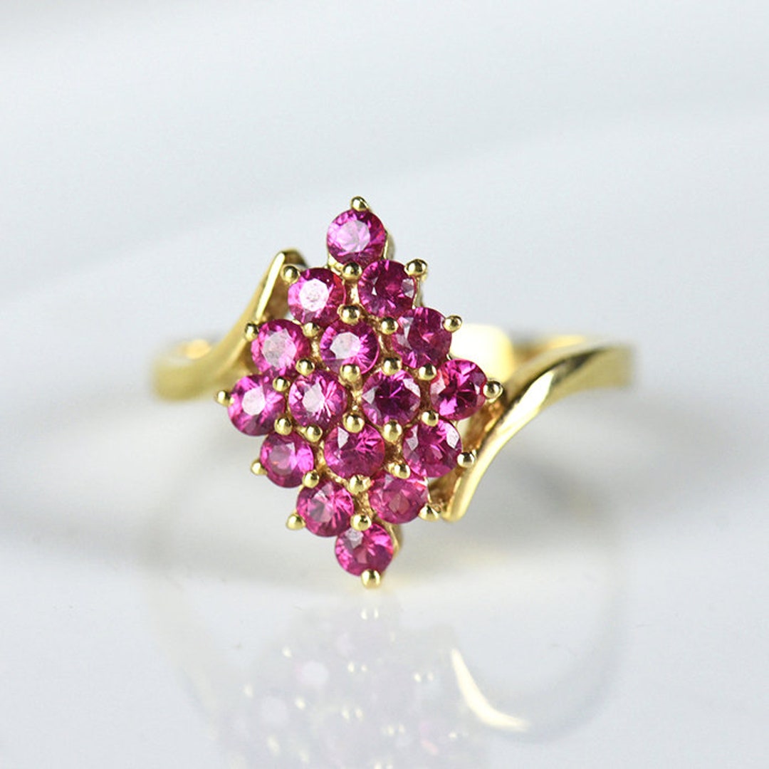 Natural Ruby Cluster Ring 14K Gold Ruby Round Art Deco Anniversary Ring ...