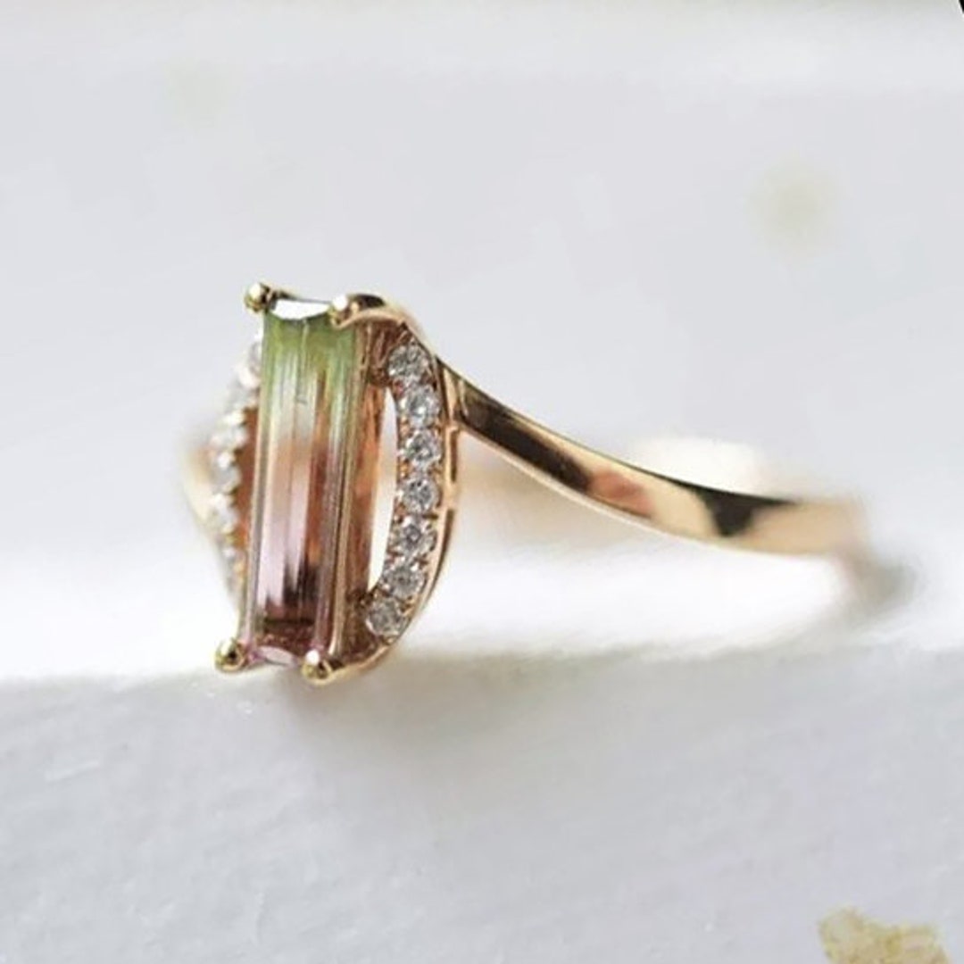 Watermelon Tourmaline Engagement Ring 14K Elongated Bio-tourmaline ...