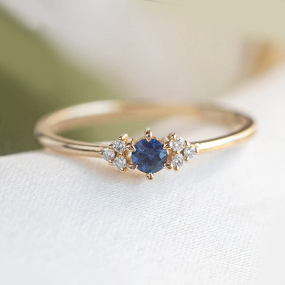 Minimalist Blue Sapphire, Diamond Engagement Ring 14K Mini Cluster ...