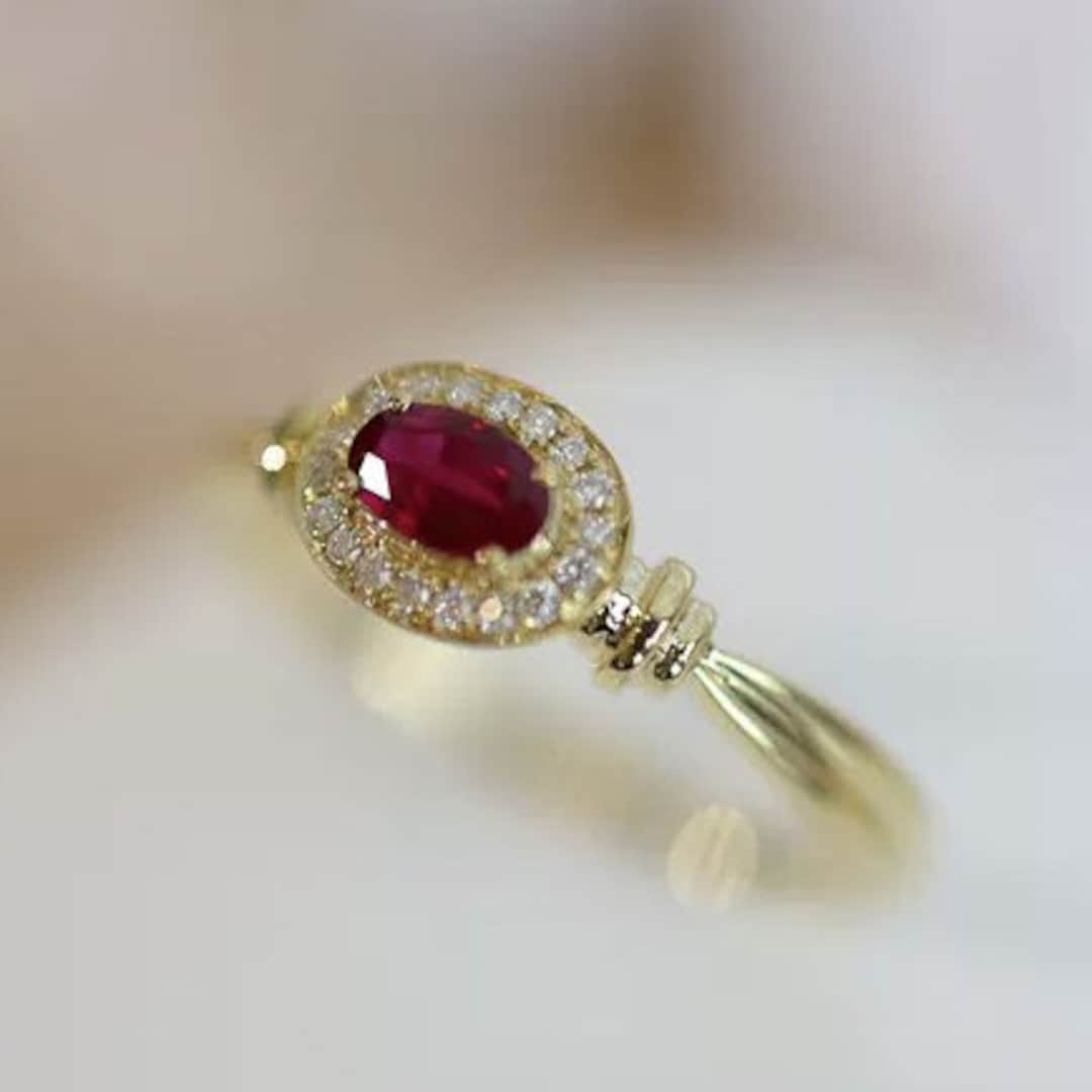 Ruby Diamond Halo Engagement Ring Oval Ruby Gold Ring Hrizontal Set ...