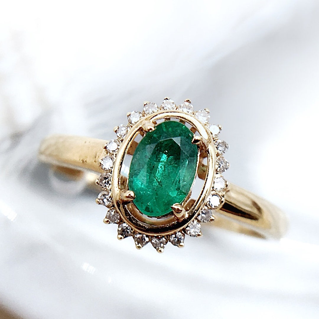 Natural Emerald, Diamond Halo Engagement Ring 14K Art Deco Emerald ...