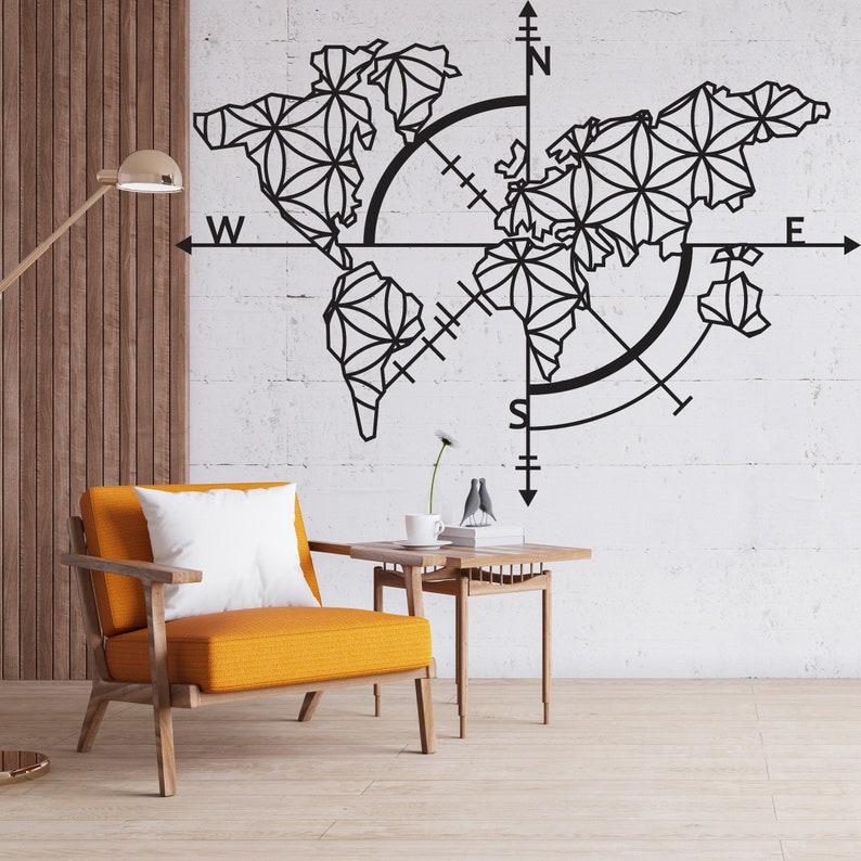 Large Metal World Map Wall Decor, Metal Wall Art, World Map Compass ...