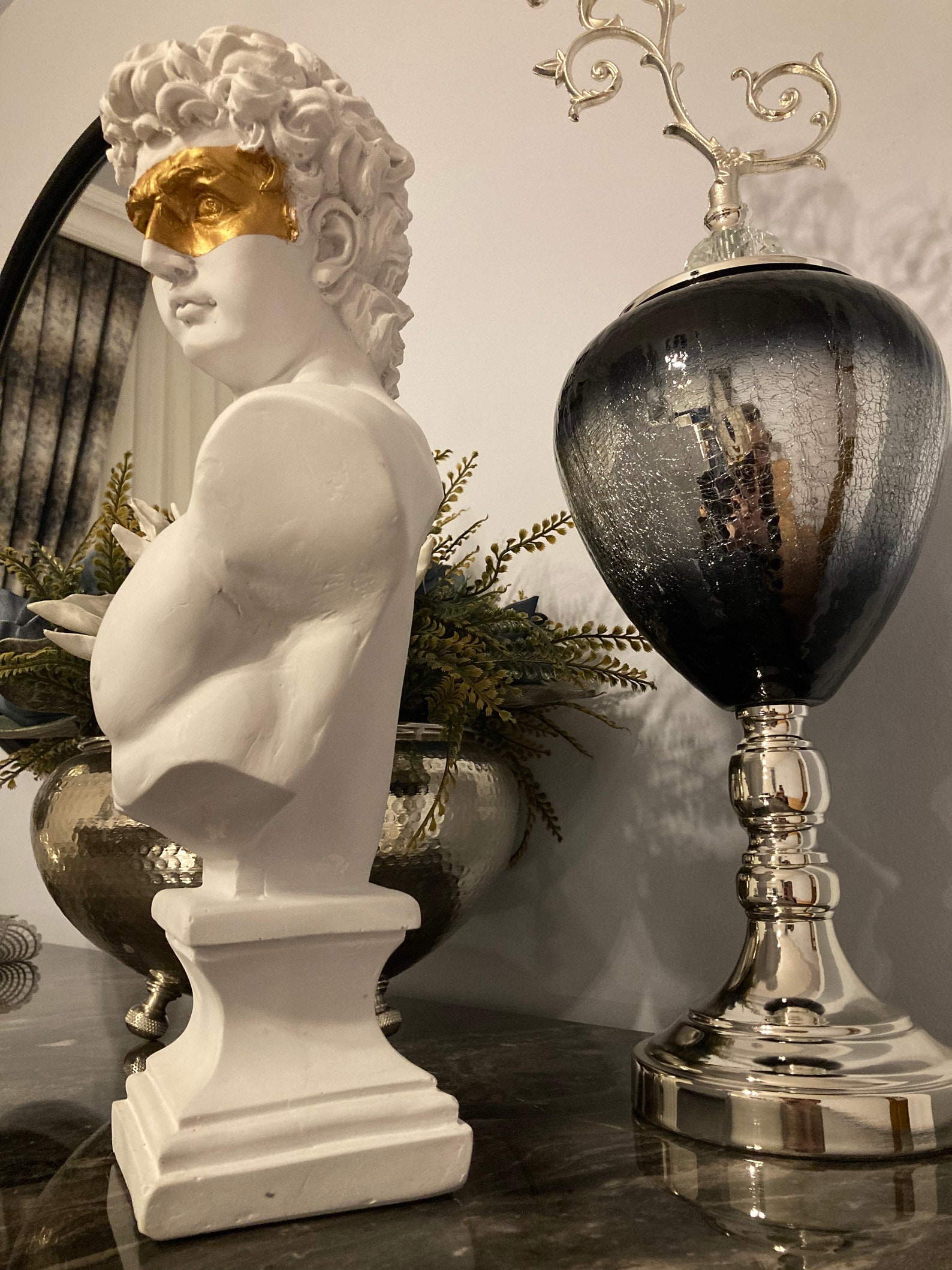 David Sculpture, David Bust Statue, Bust, White Sculpture Gold Strip ...