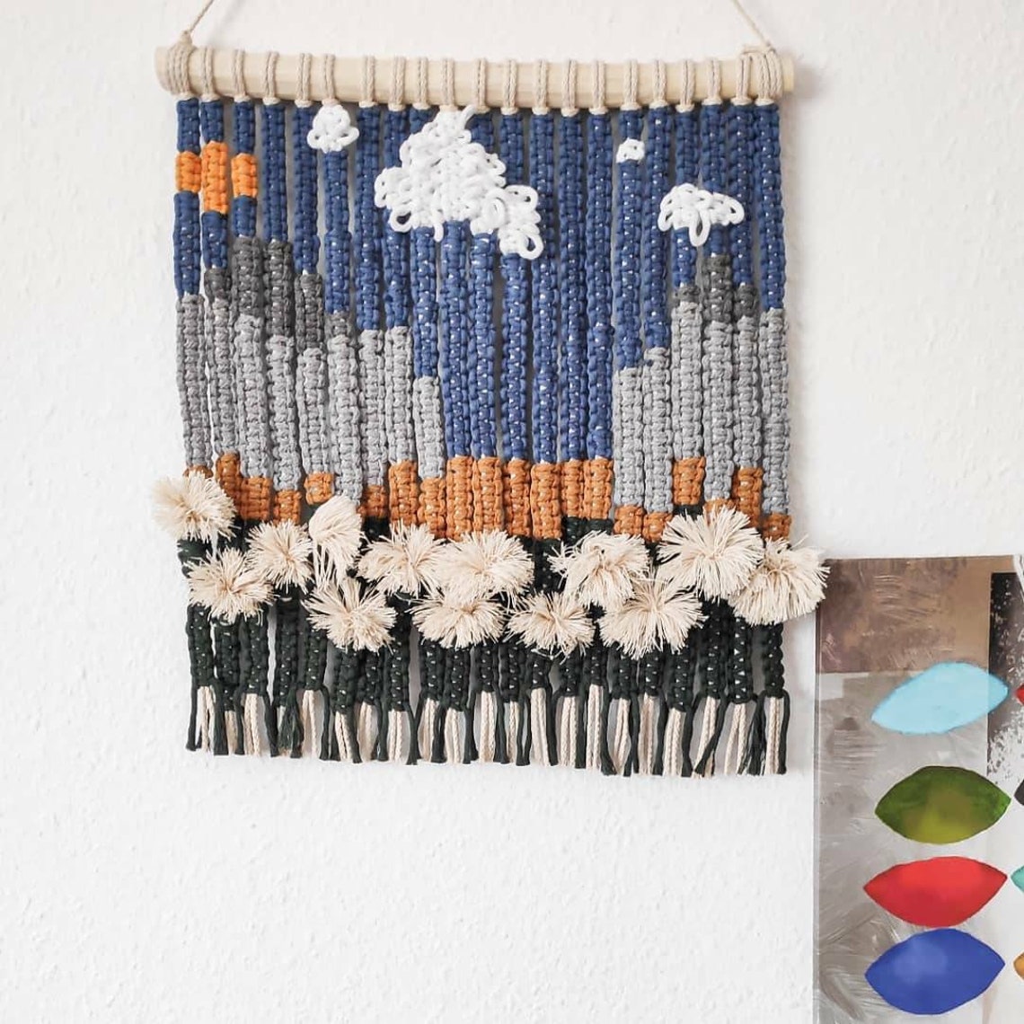 Macramé wall hanging colorful landscape pattern and dandelions | Etsy