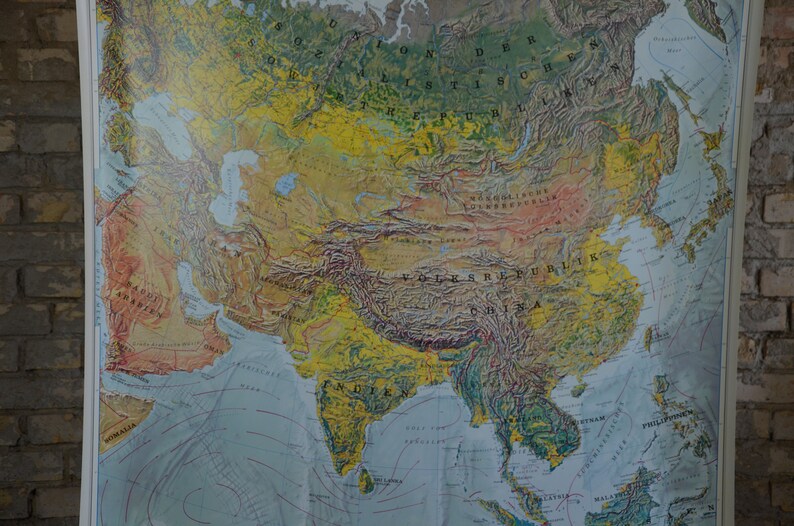 1980s School Map of Asia: Large Original Vintage German Topographic ...