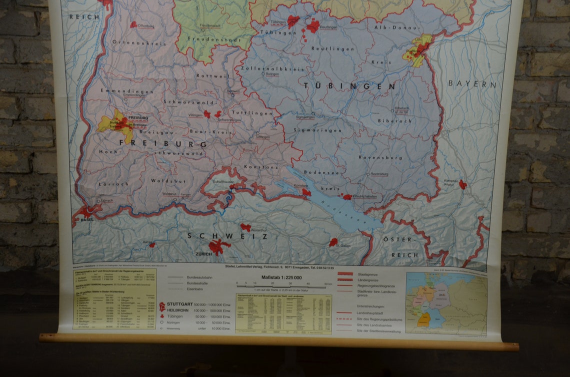 Large Classroom Map of Baden-württemberg, Germany: Original Vintage ...