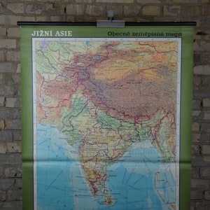 Topographic Map of India, Central Asia: Large Original Vintage 1970s Educational Poster Roll ...