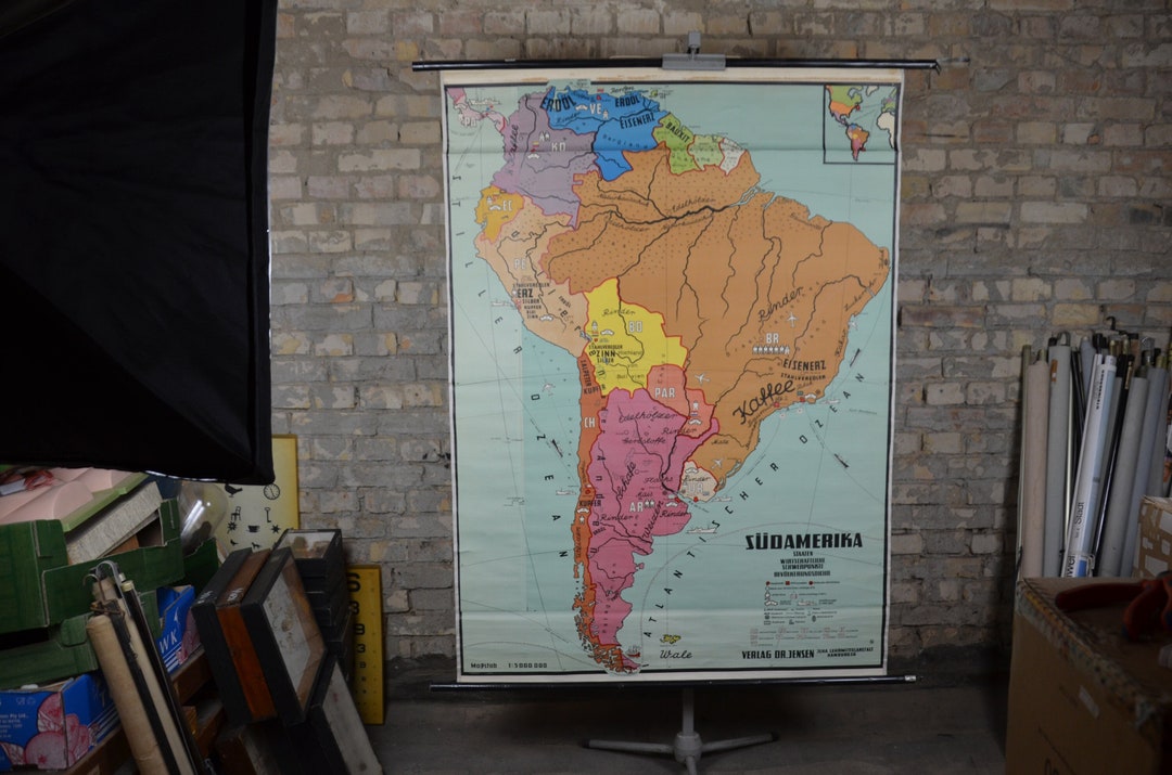 LARGE Mid Century Map of South America: Original Vintage 1950s German ...