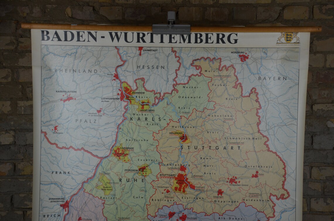 Large Classroom Map of Baden-württemberg, Germany: Original Vintage ...